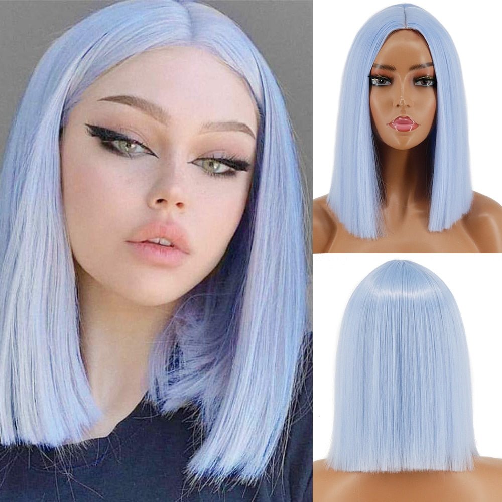 Short Bob Straight Light Blue Synthetic Wig - HairNjoy