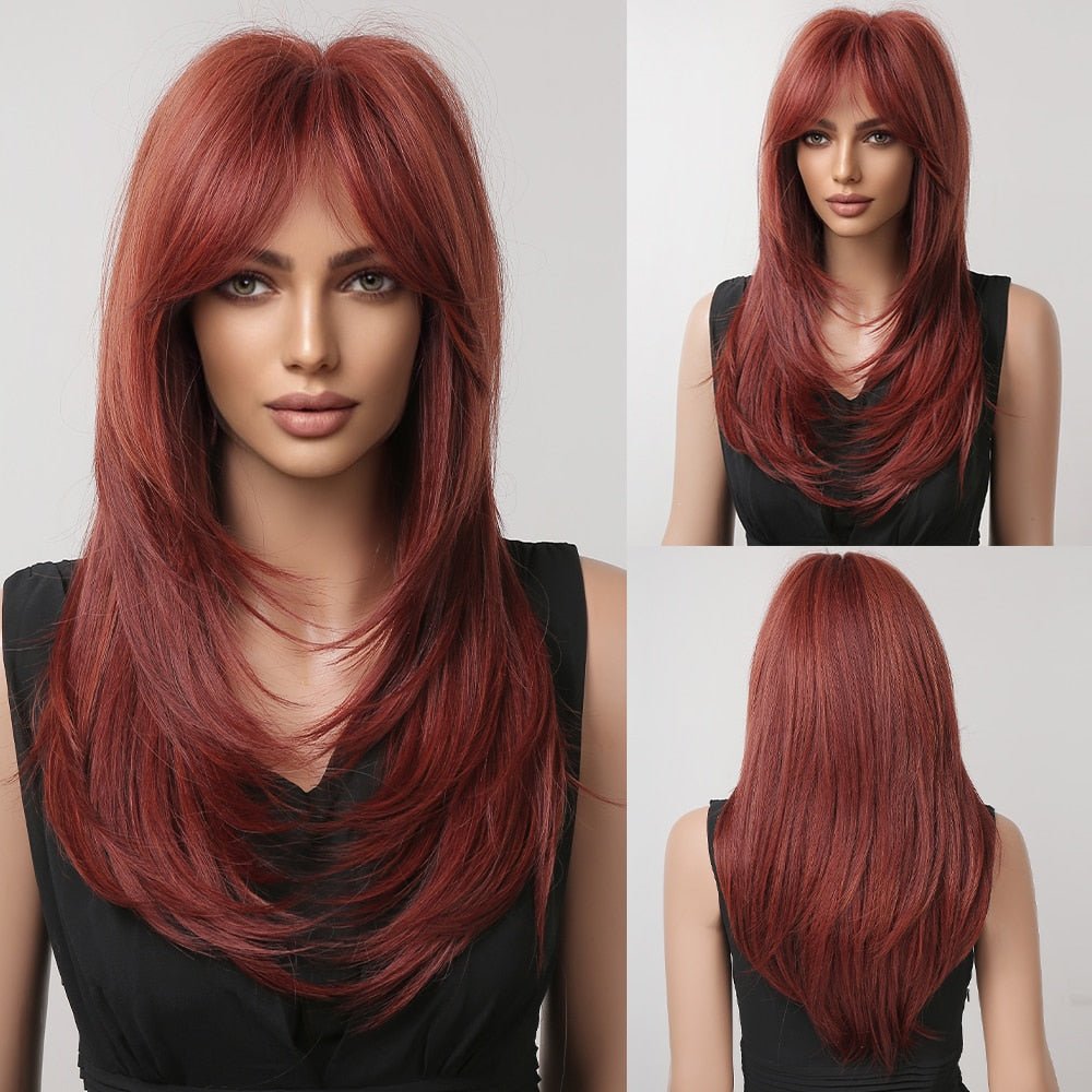 Long Layered Synthetic Mahogany Wig with Bangs - HairNjoy