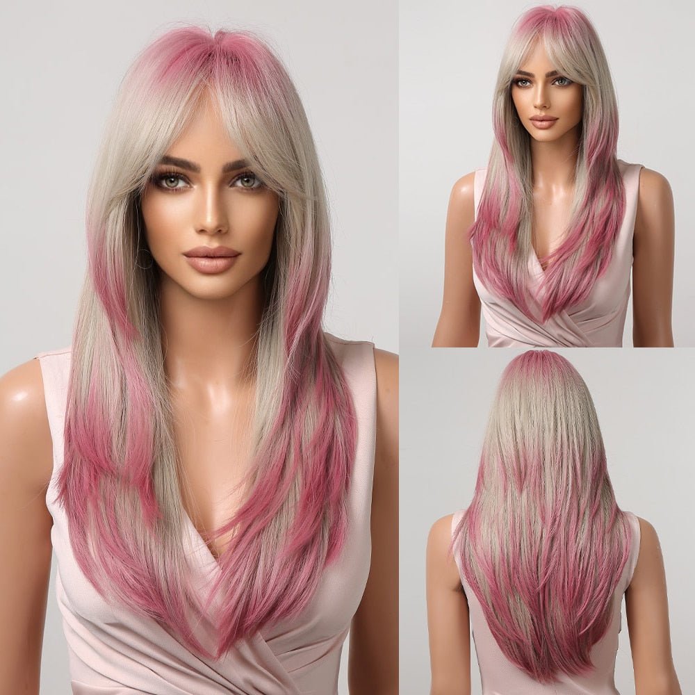Long Layered Synthetic Pastel Pink White Wig with Bangs – HairNjoy