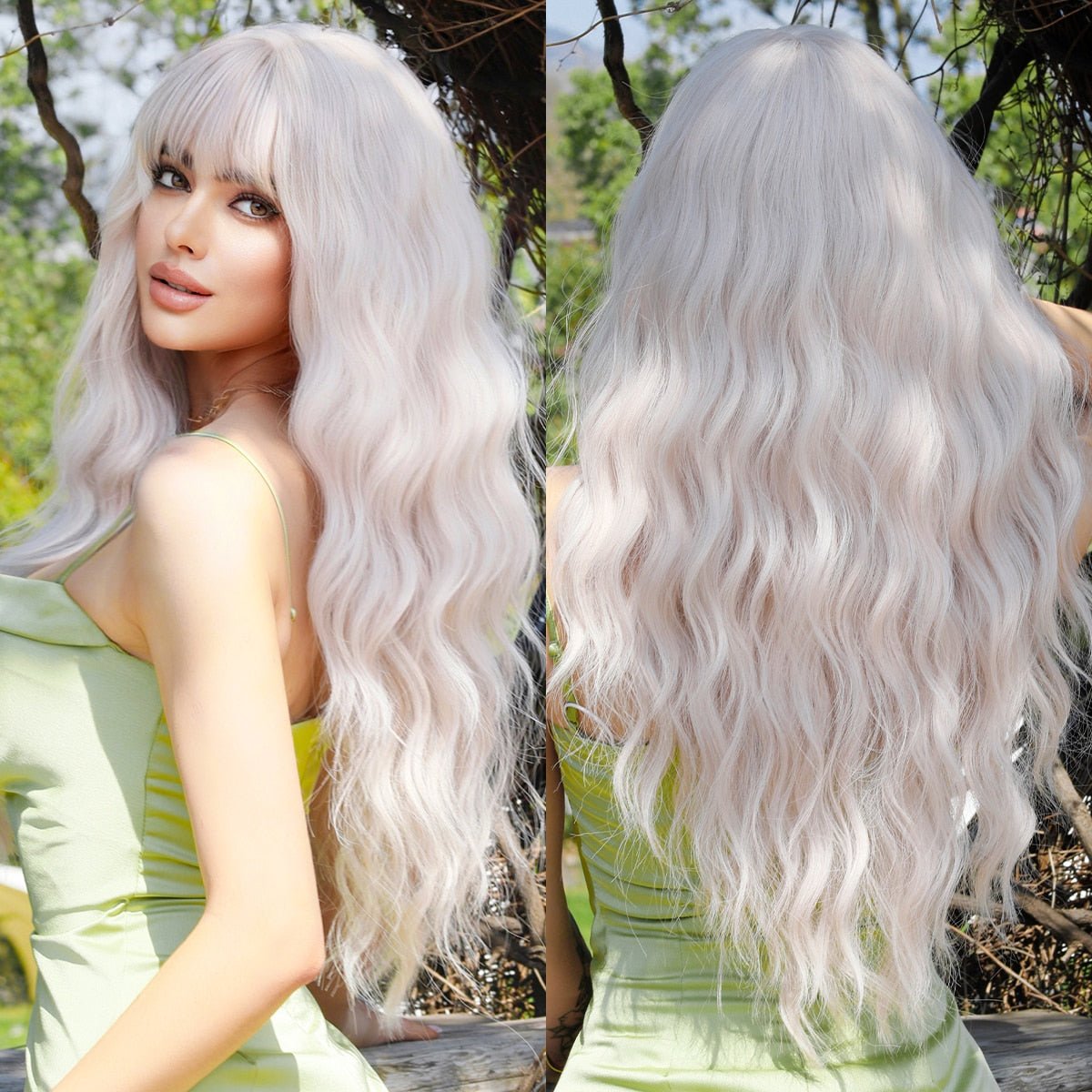 Long Wavy Platinum Synthetic Wig with Fluffy Bangs - HairNjoy